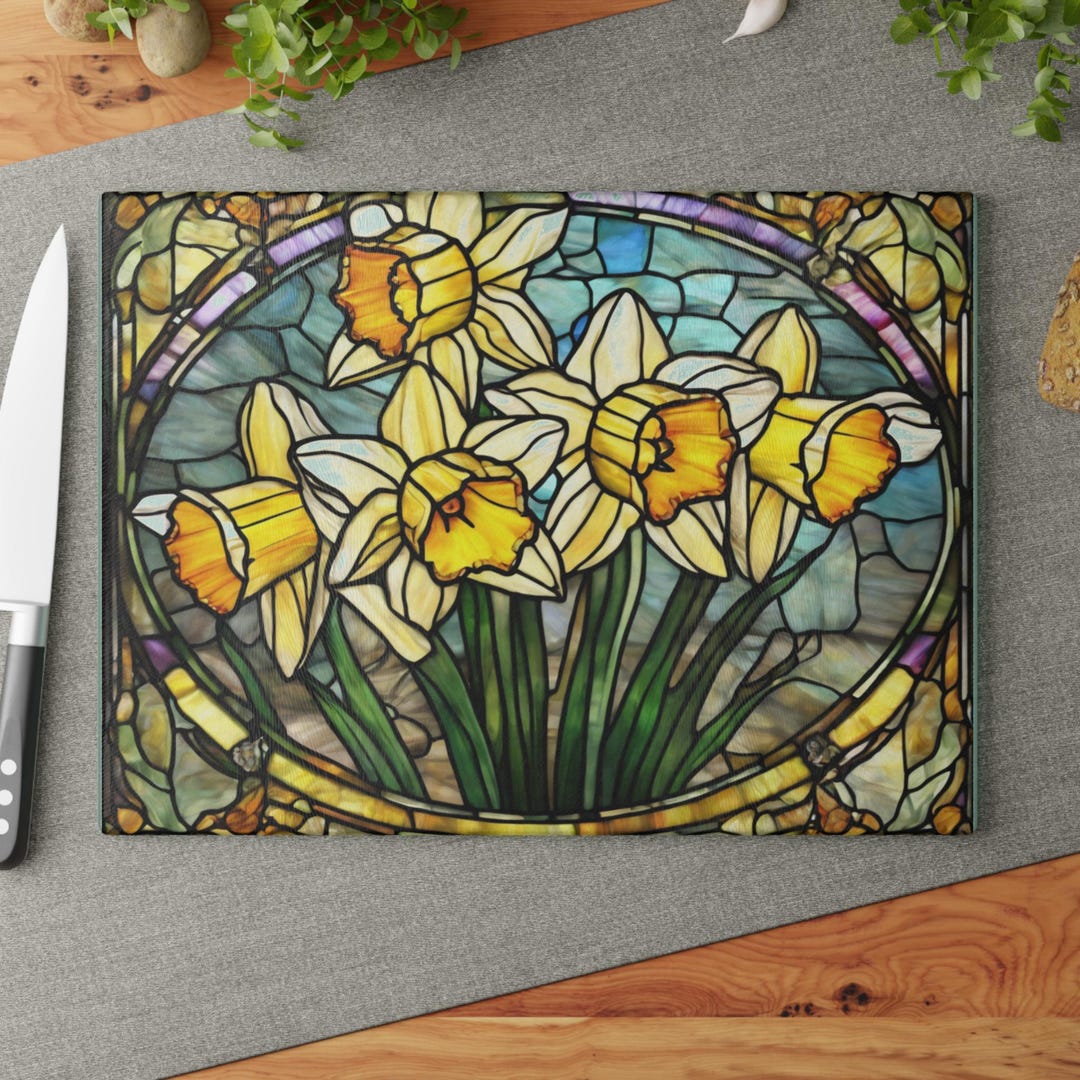 Stained Glass Daffodils Cutting Board, Floral Serving Tray, Kitchen ...