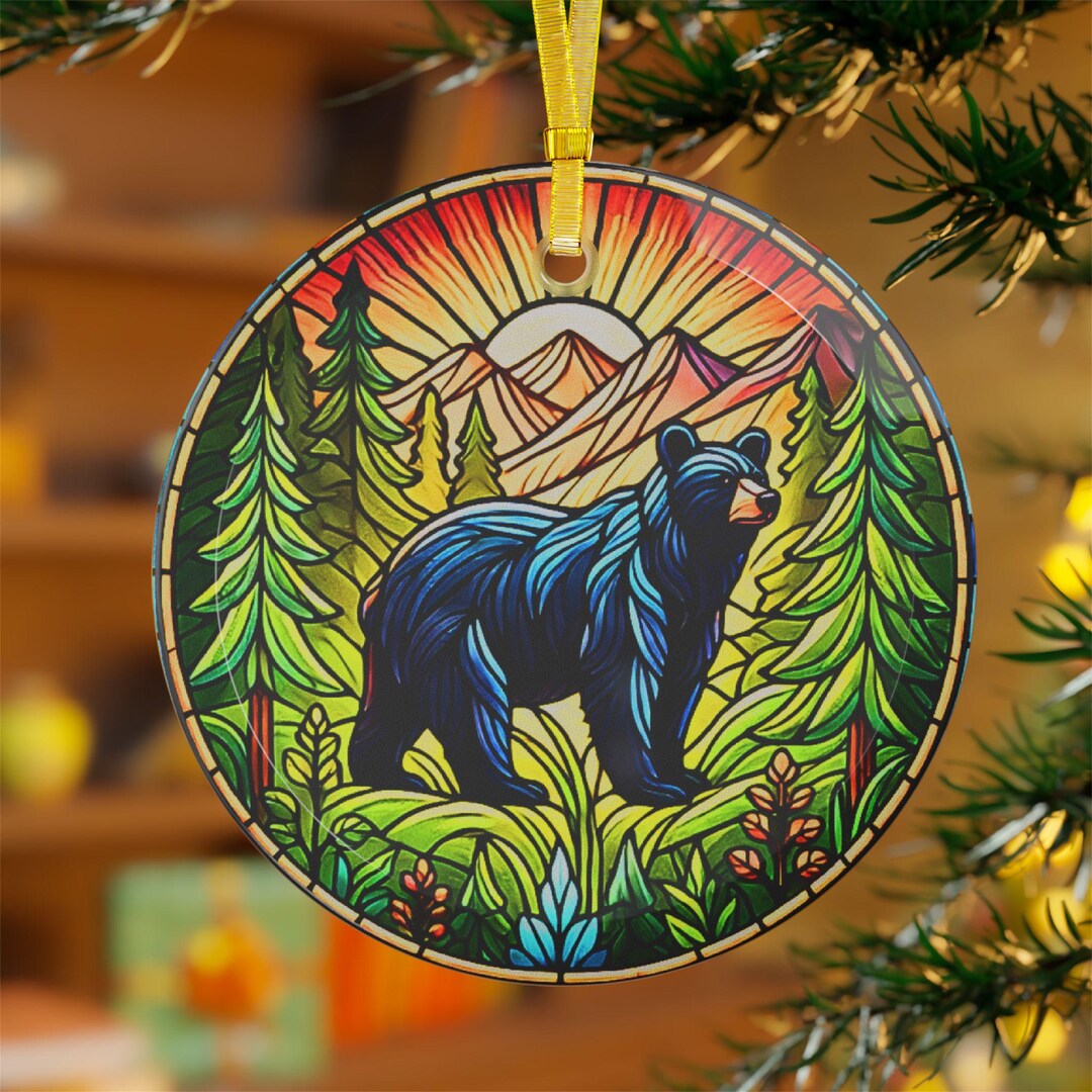 Black Bear Stained Glass Ornament - Personalizable Mountain Landscape ...