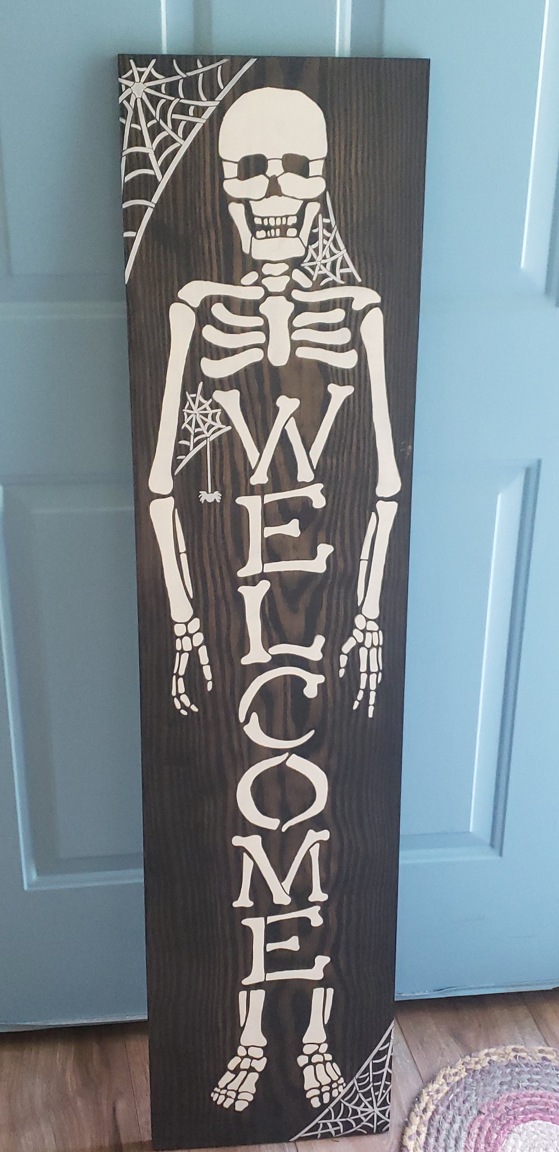 Welcome Skeleton Seasonal Halloween Wood Door Sign Vertical Porch ...