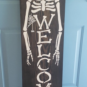Welcome Skeleton Seasonal Halloween Wood Door Sign Vertical Porch ...