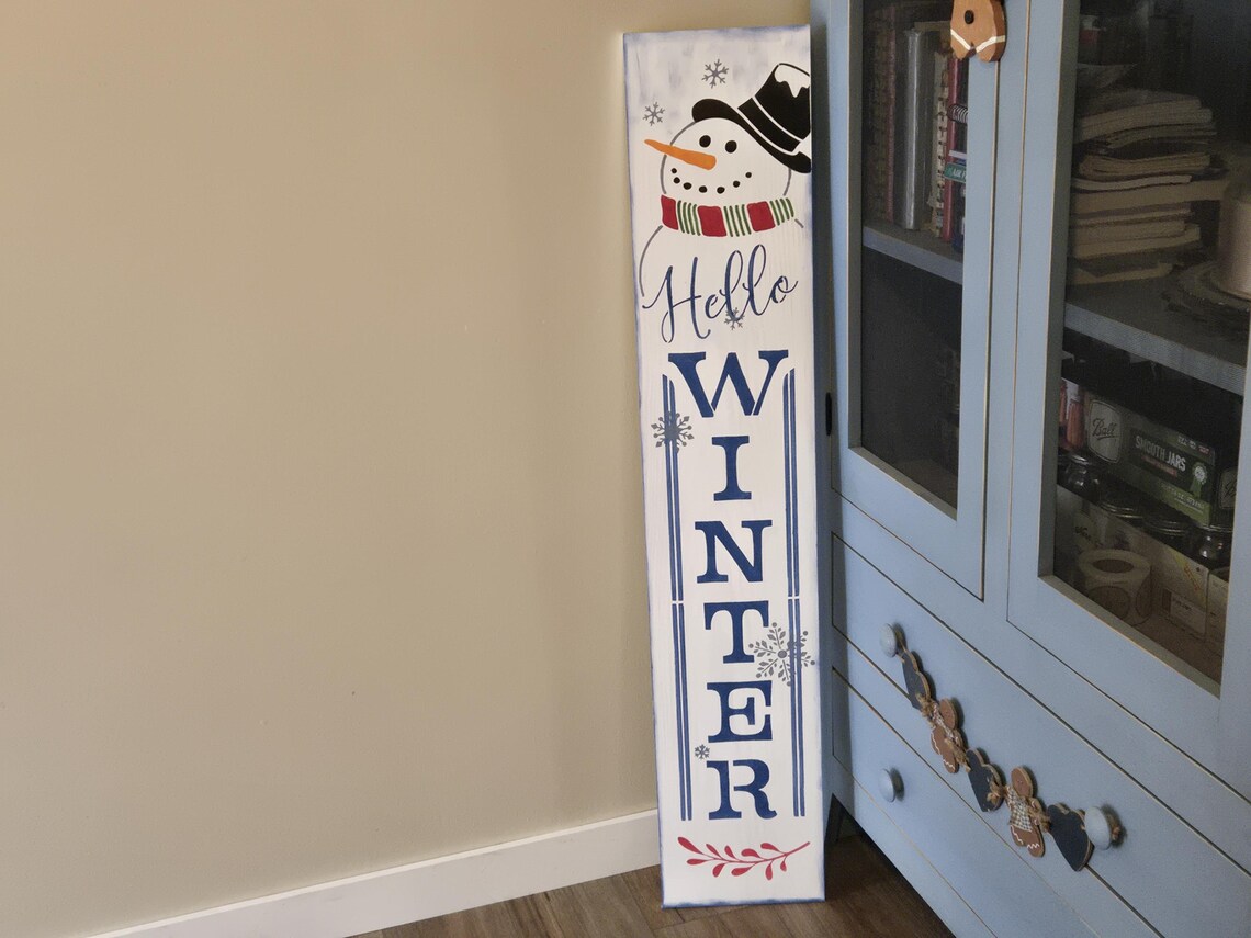 Hello Winter Welcome Seasonal Snowman Wood Door Sign Vertical Porch ...