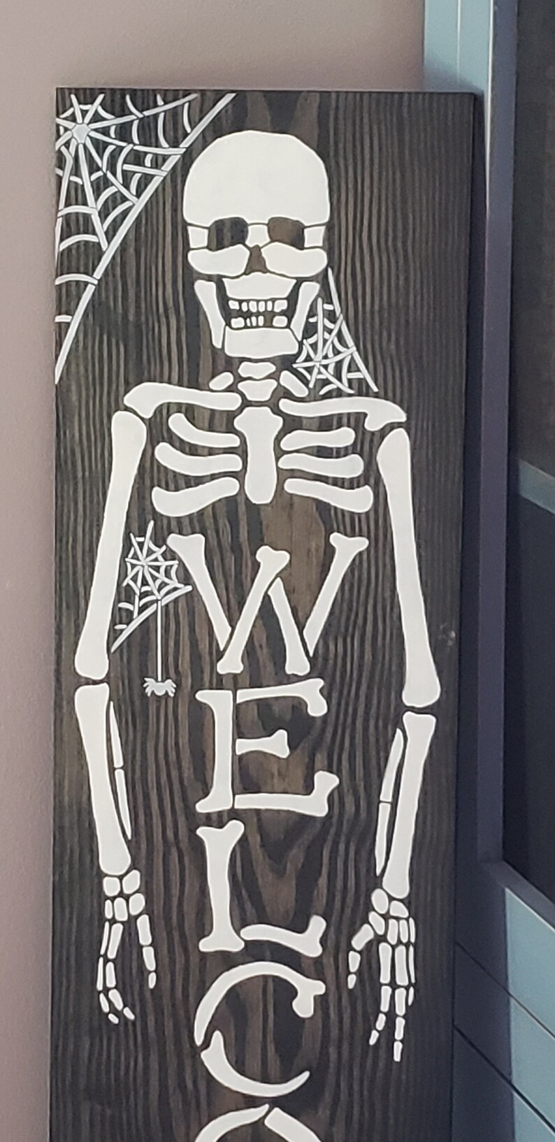 Welcome Skeleton Seasonal Halloween Wood Door Sign Vertical Porch ...