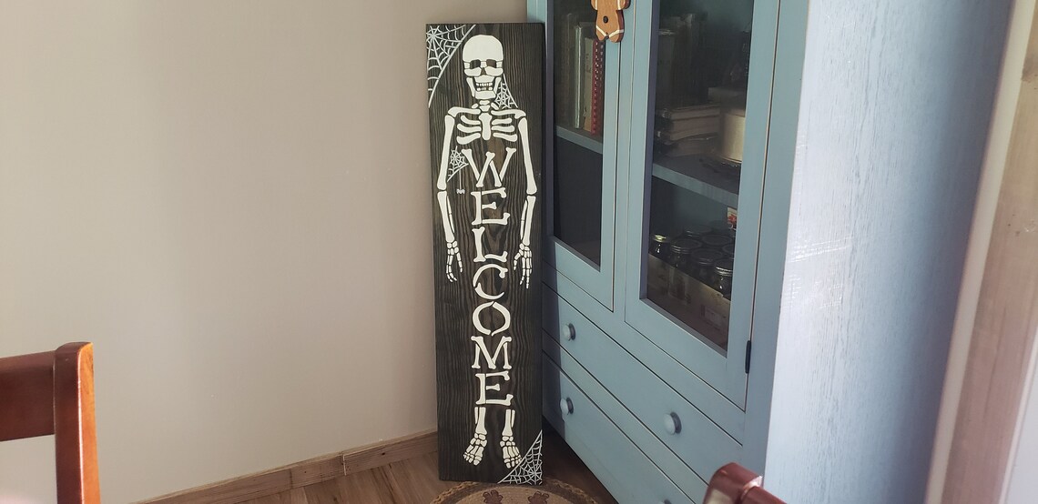 Welcome Skeleton Seasonal Halloween Wood Door Sign Vertical Porch ...