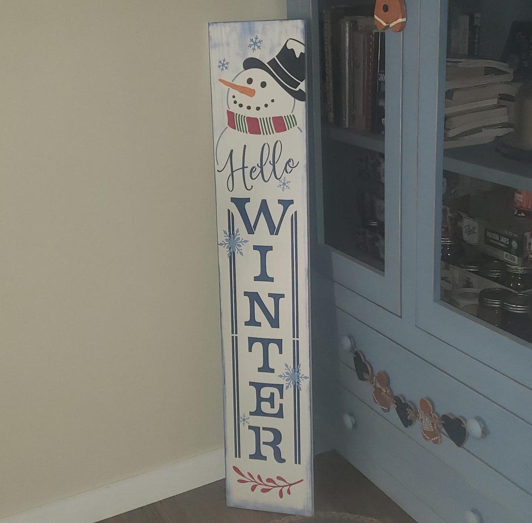 Hello Winter Welcome Seasonal Snowman Wood Door Sign Vertical Porch ...