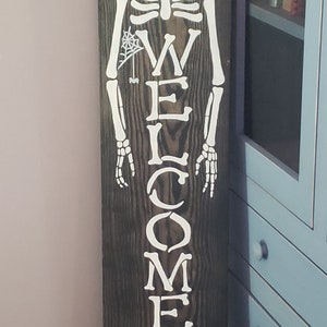 Welcome Skeleton Seasonal Halloween Wood Door Sign Vertical Porch ...