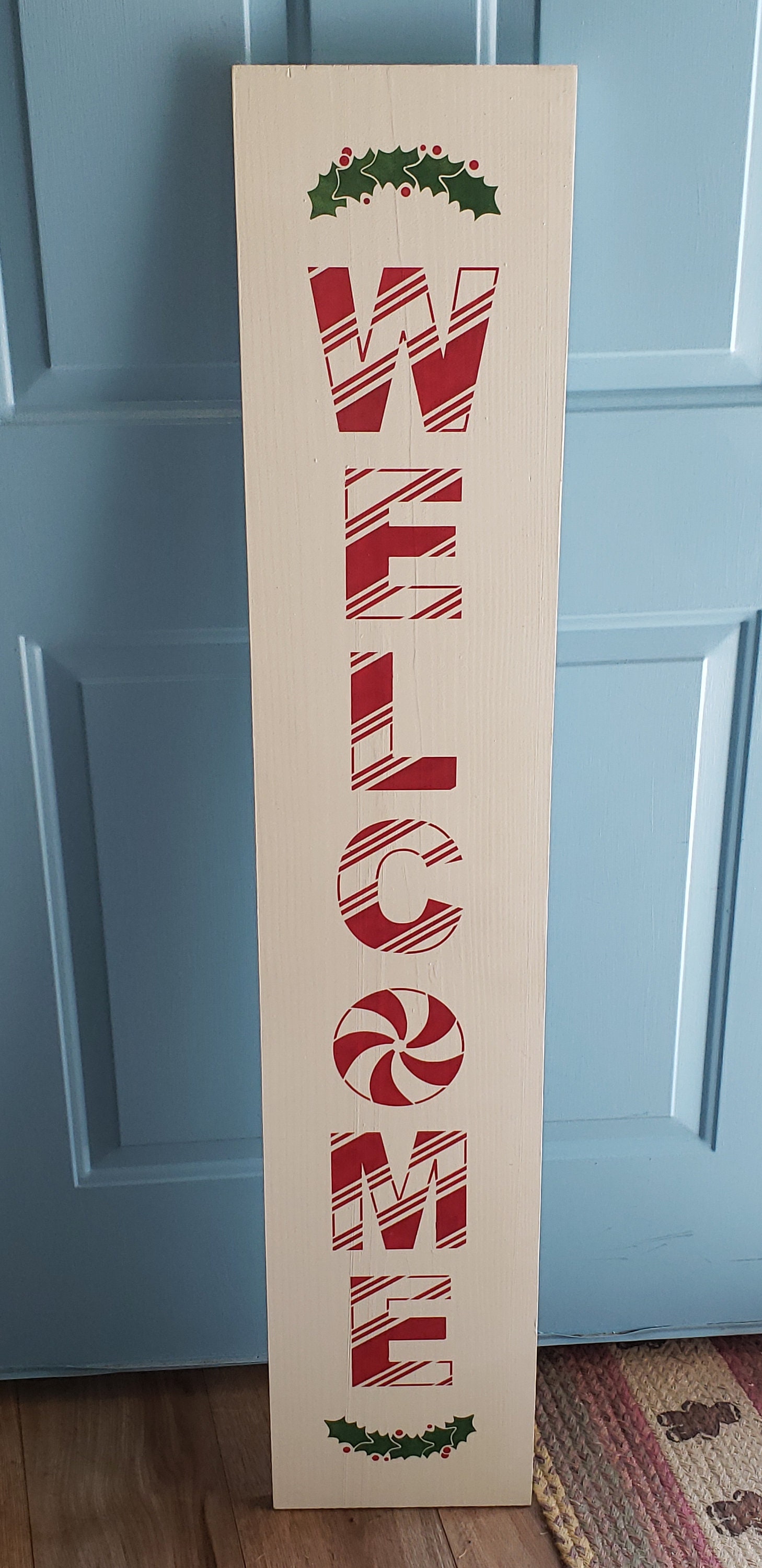 Christmas Peppermint Winter Welcome Seasonal Wood Door Sign Vertical ...