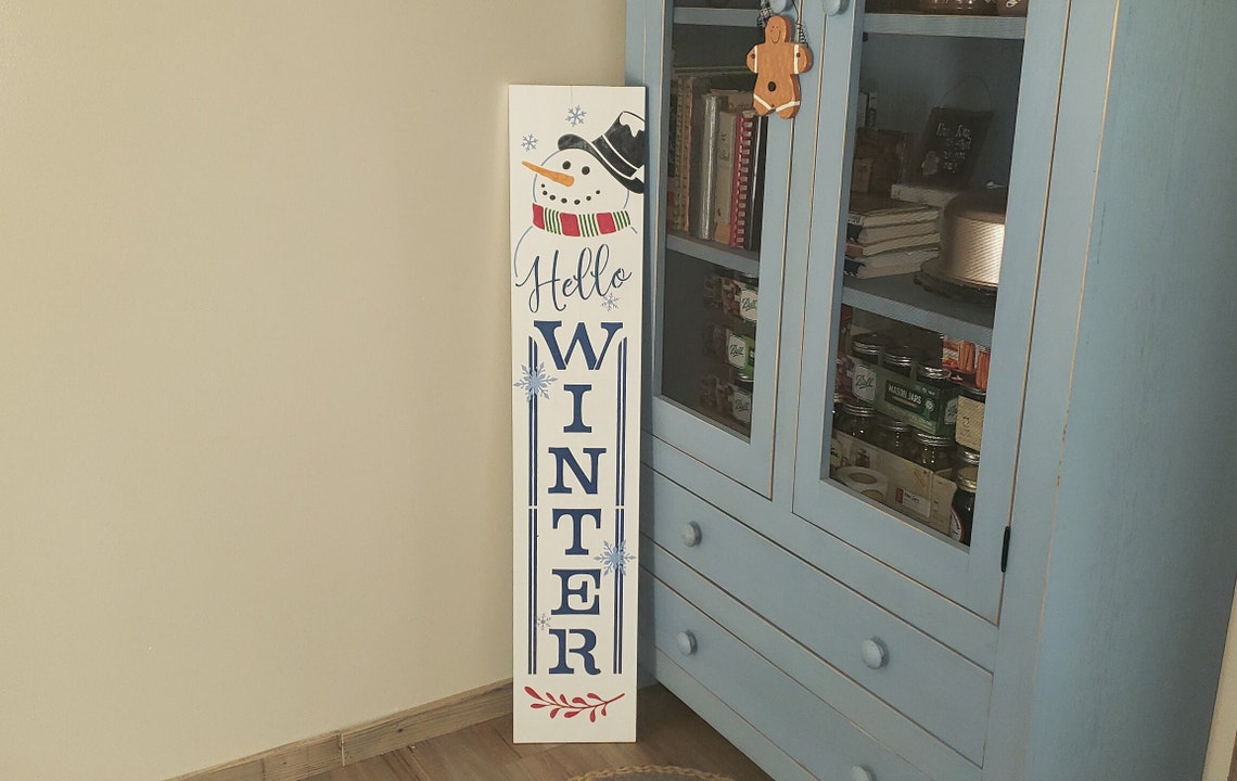 Hello Winter Welcome Seasonal Snowman Wood Door Sign Vertical Porch ...