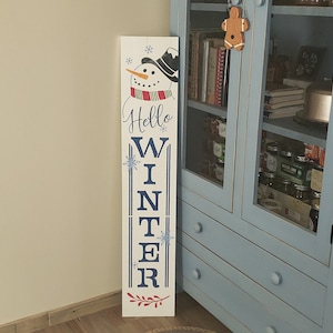 Hello Winter Welcome Seasonal Snowman Wood Door Sign Vertical Porch ...