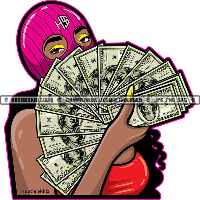 Black Woman Pink Ski Mask Cash Money Dollars Spread Gamble - Etsy Israel