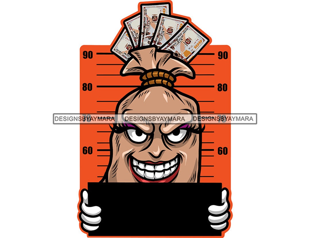 Female Money Bag Cartoon Character Holding Jail Sign Sarcastic Smile ...