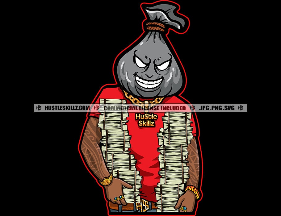 Gangster Money Bag Man Head Money Stacks Evil Smile Dollar No Eyes ...