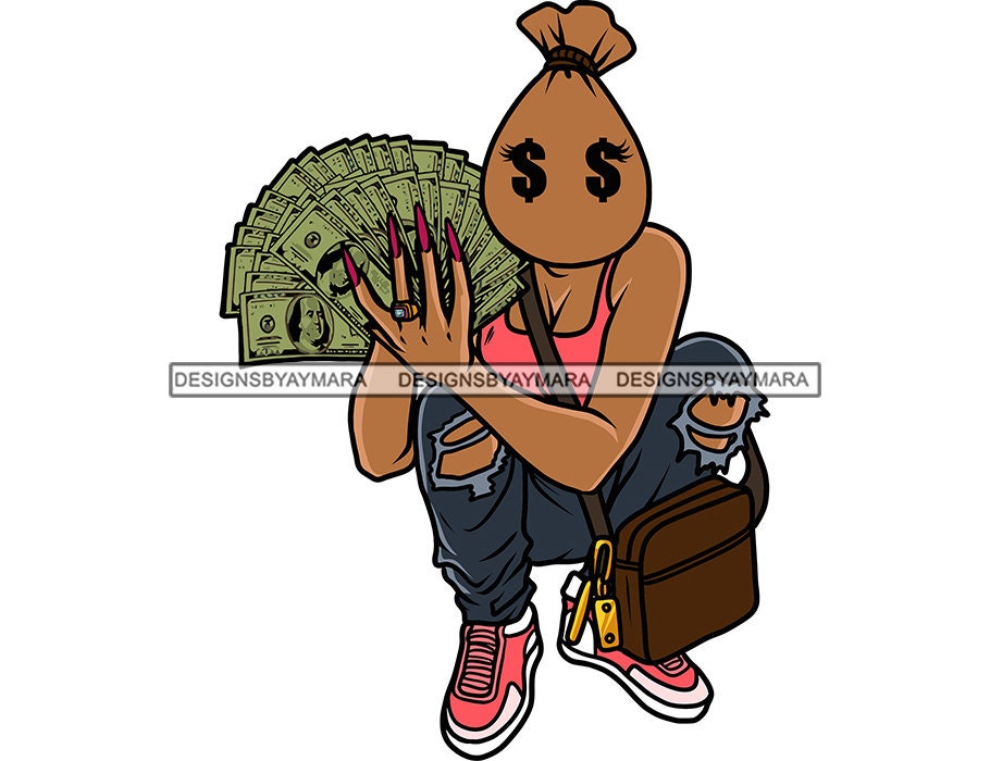 Woman Money Bag Head Cartoon Character Holding Money Cash Squatting Ripped Jeans Bragging Hustle