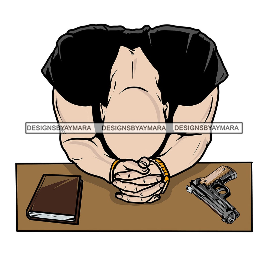 Bald Caucasian Man Praying God Bible Handgun Weapon Prayers Pray ...
