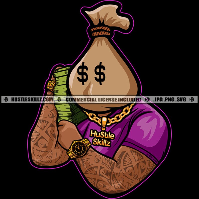 Black Man Big Muscles Money Bag Head Arm Tattoos Dollar Bills - Etsy
