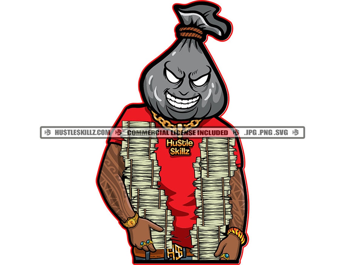 Gangster Money Bag Man Head Money Stacks Evil Smile Dollar No Eyes ...
