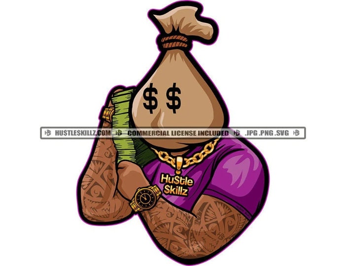 Black Man Big Muscles Money Bag Head Arm Tattoos Dollar Bills - Etsy ...