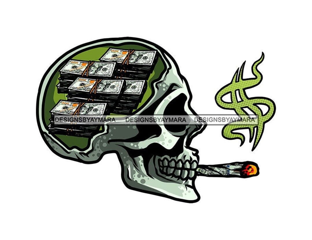 Male Man Skull Head Money on My Brain Hustler Squeleton Death Smoking ...