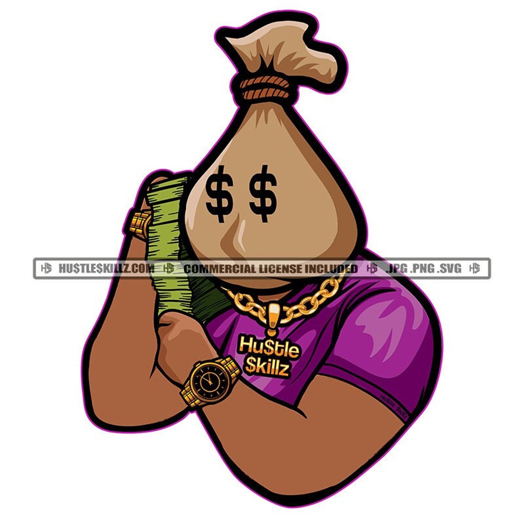 Black Man Big Muscles Money Bag Head Arm Tattoos Dollar Bills Cash ...