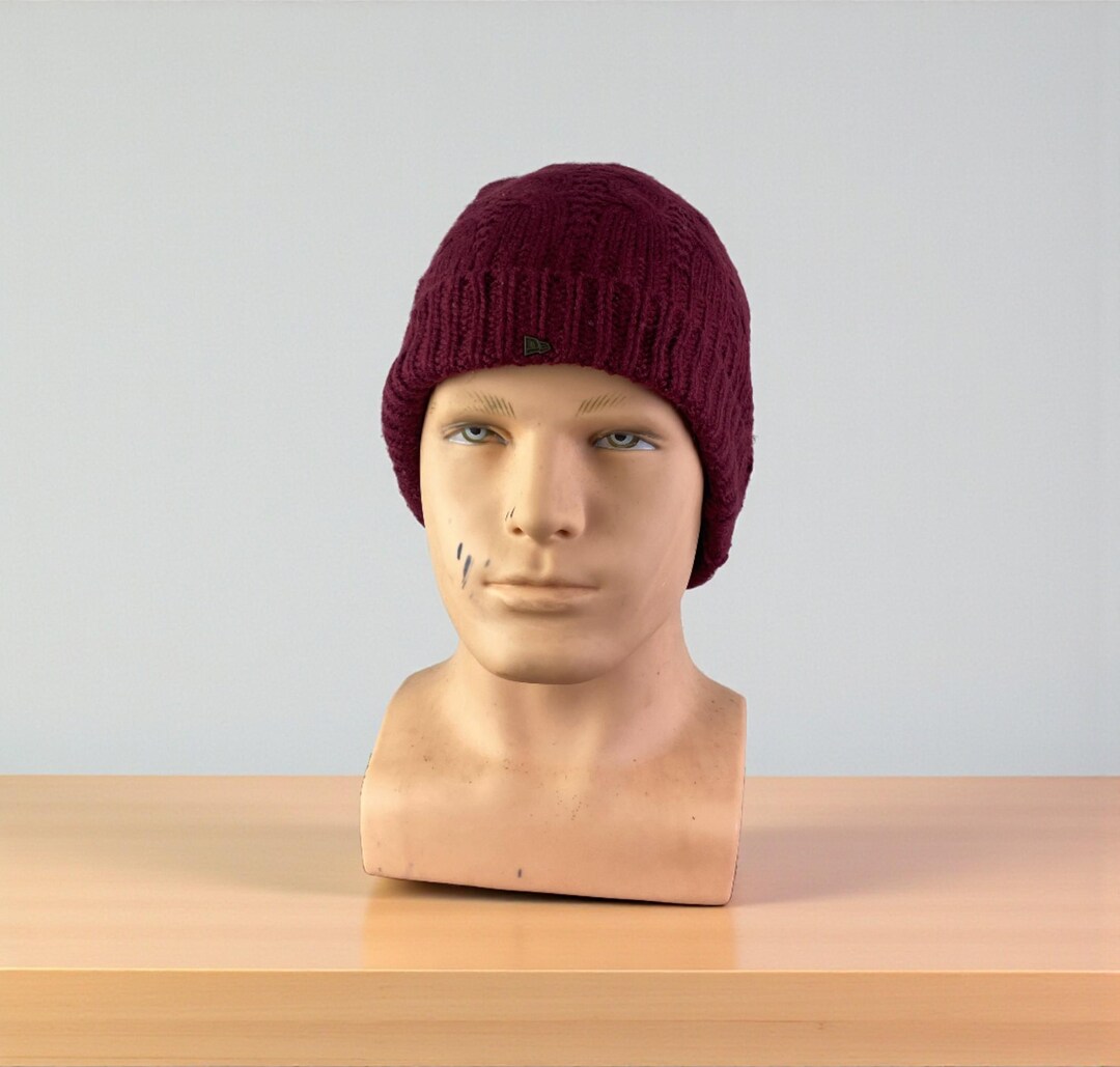 Vintage New Era Maroon Cable Knit Winter Beanie | Ribbed Cuff Skully ...