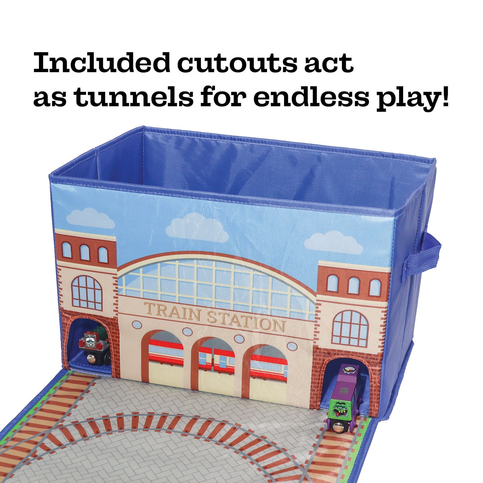 Train Storage Bin and Play Mat - Wooden Railway Toy Storage Box With ...