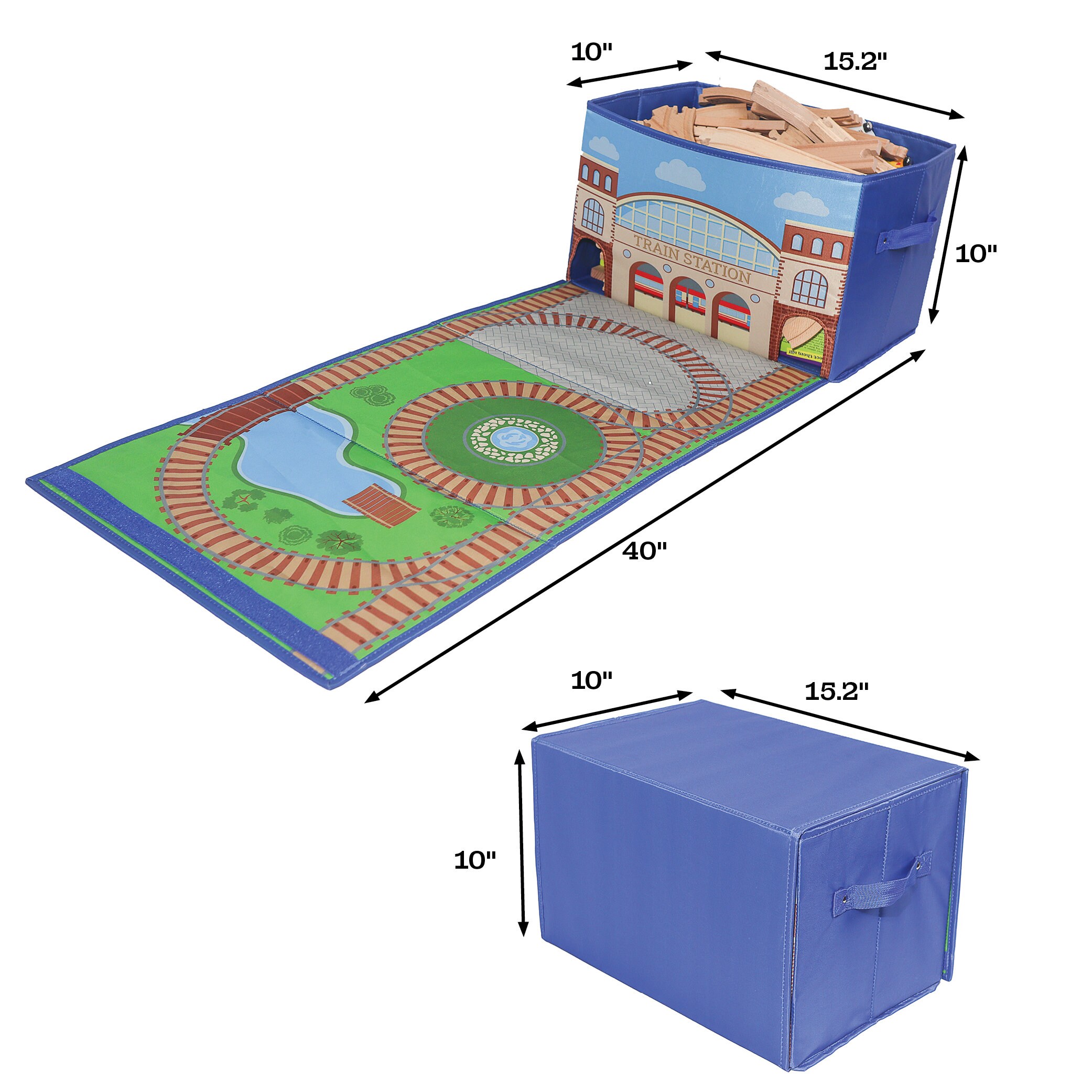 Train Storage Bin and Play Mat - Wooden Railway Toy Storage Box With ...