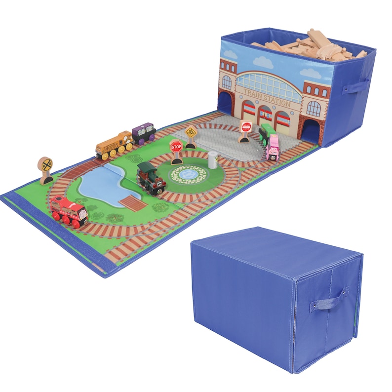 Train Storage Bin and Play Mat - Wooden Railway Toy Storage Box With ...