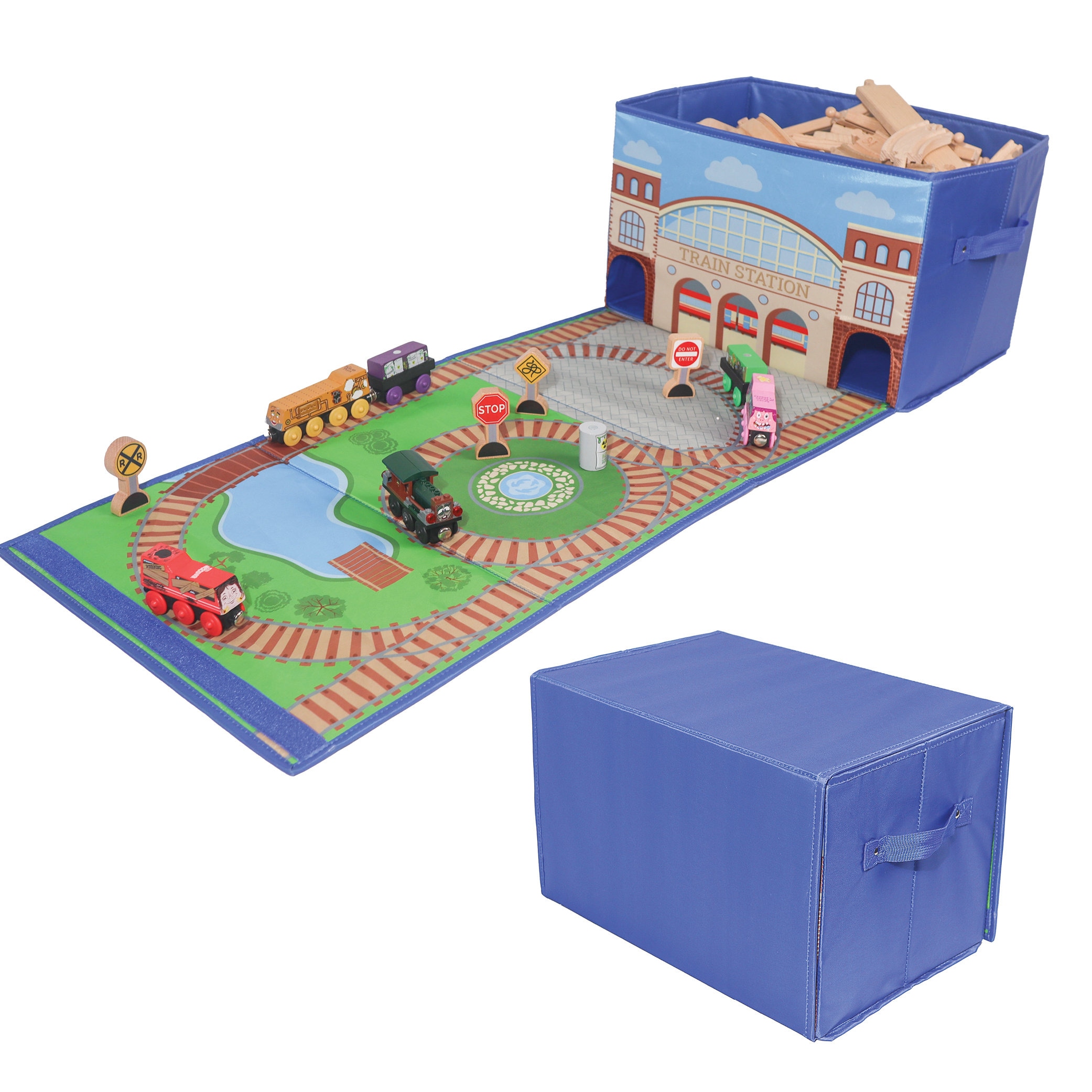 Train Storage Bin and Play Mat - Wooden Railway Toy Storage Box With ...