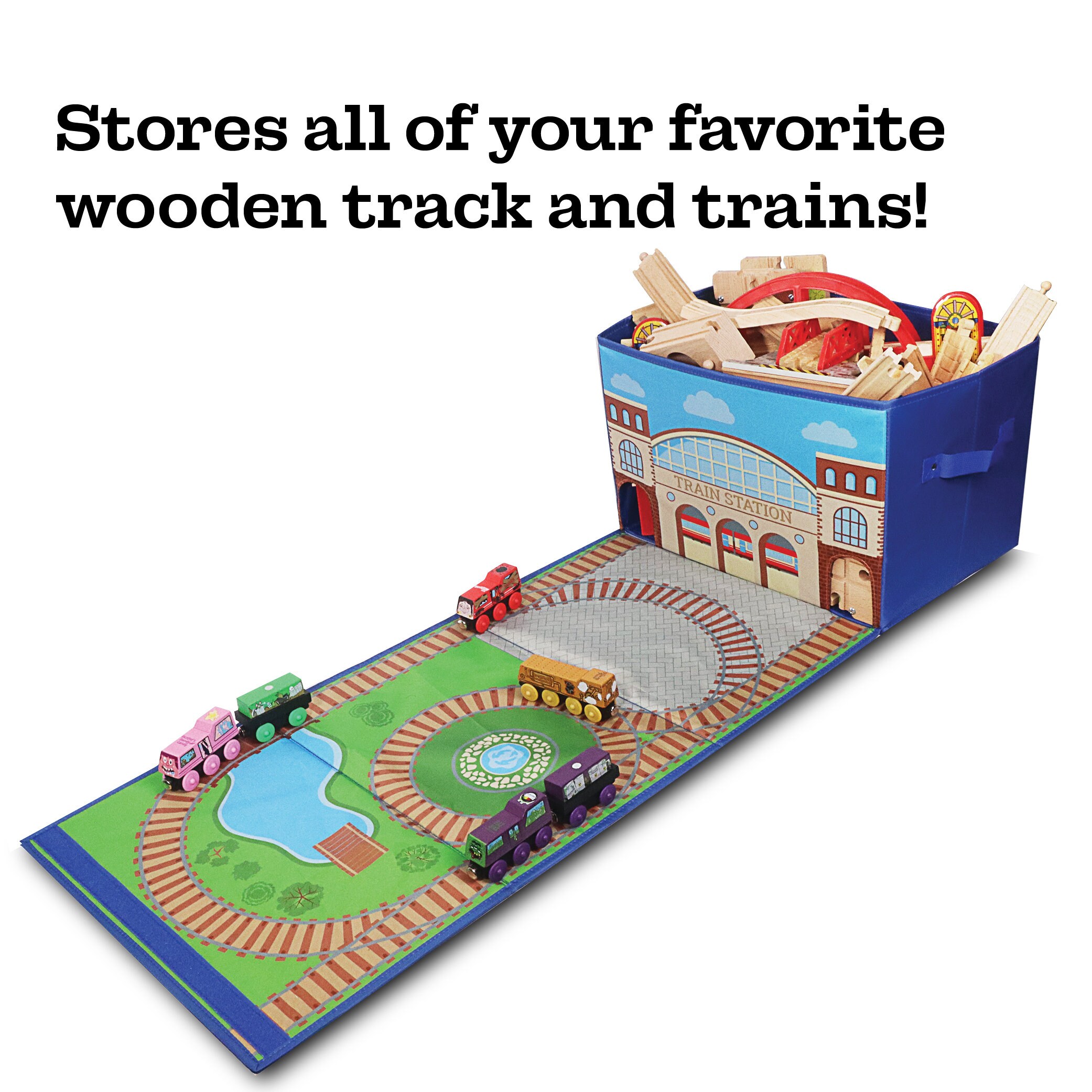 Train Storage Bin and Play Mat - Wooden Railway Toy Storage Box With ...
