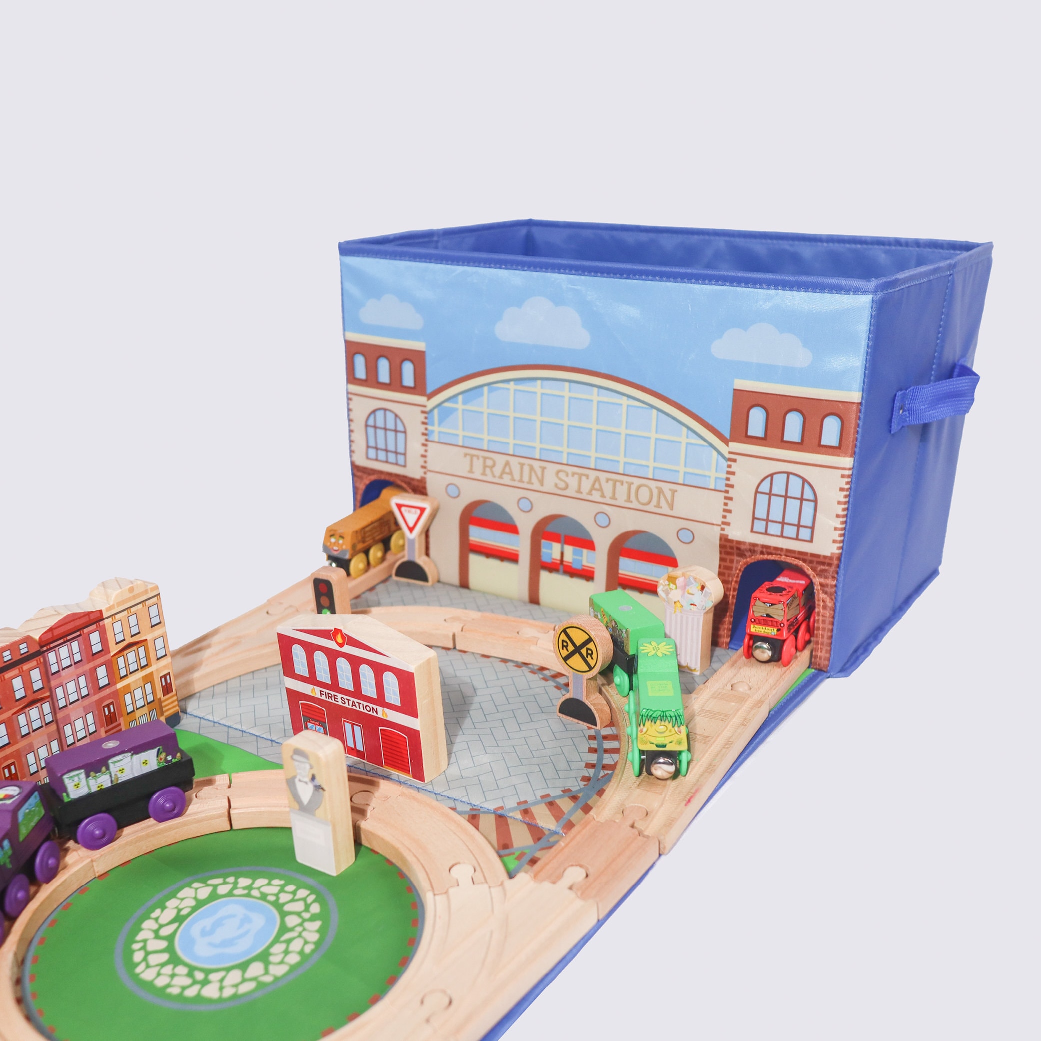 Train Storage Bin and Play Mat - Wooden Railway Toy Storage Box With ...