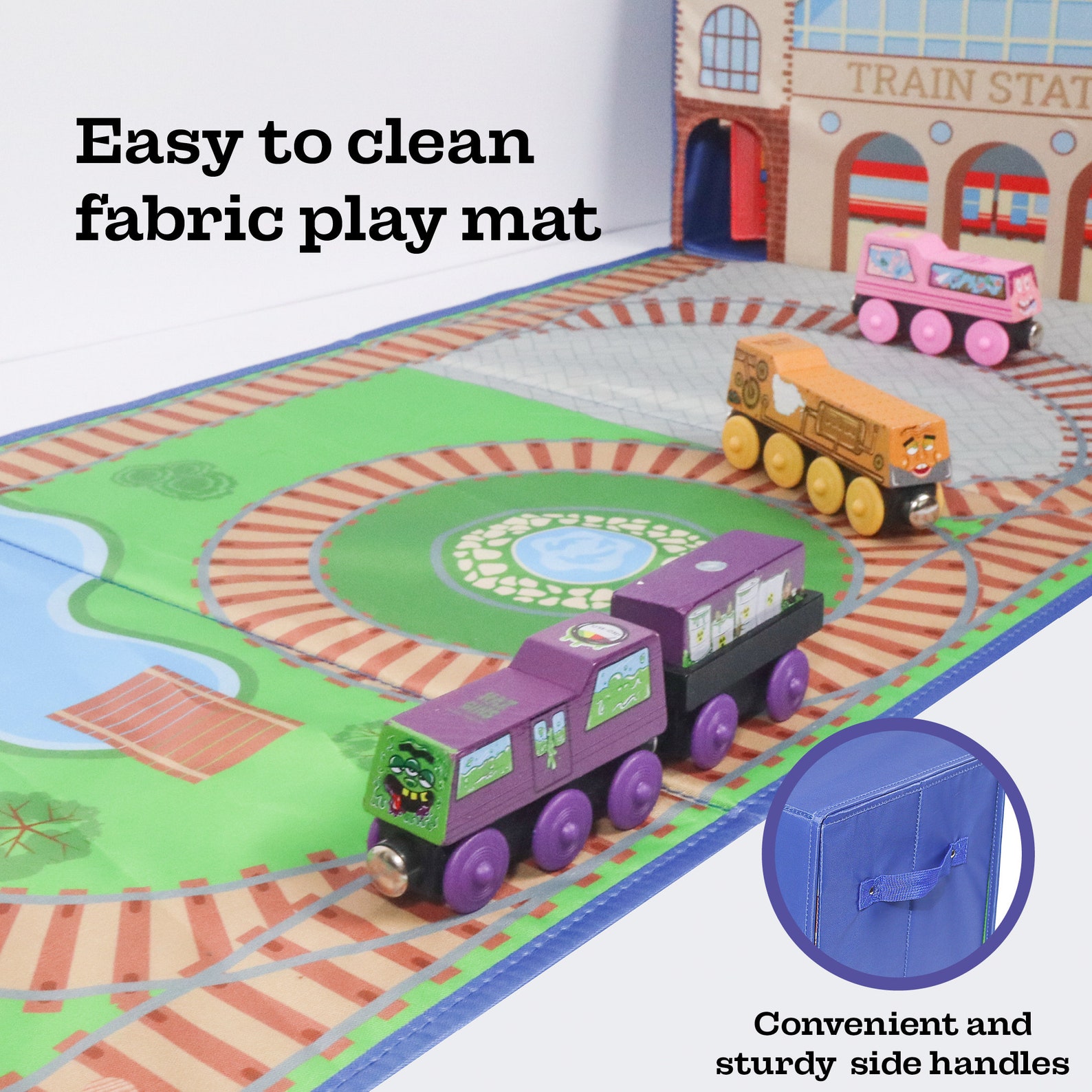 Train Storage Bin and Play Mat - Wooden Railway Toy Storage Box With ...