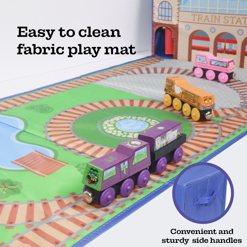 Train Storage Bin and Play Mat - Wooden Railway Toy Storage Box With ...