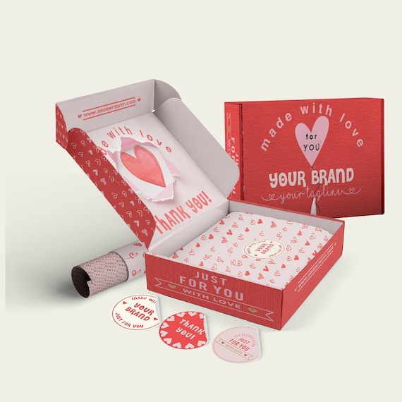 Heart Design Small Business Packaging Box Set Pink Red Custom Subscription Mailer Box Branding Launching Aesthetic Thank You Round Sticker Etsy