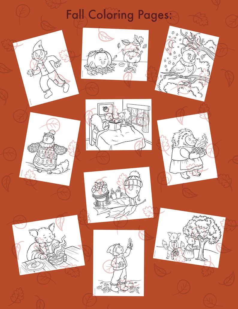 10 Fall Themed Coloring Pages Digital PDF - Etsy