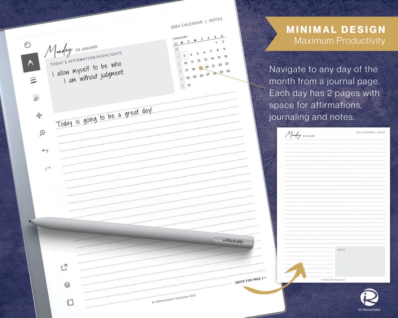 Daily Journal 2024 Tablet Template for Remarkable 2 Pdf Stylized Daily ...