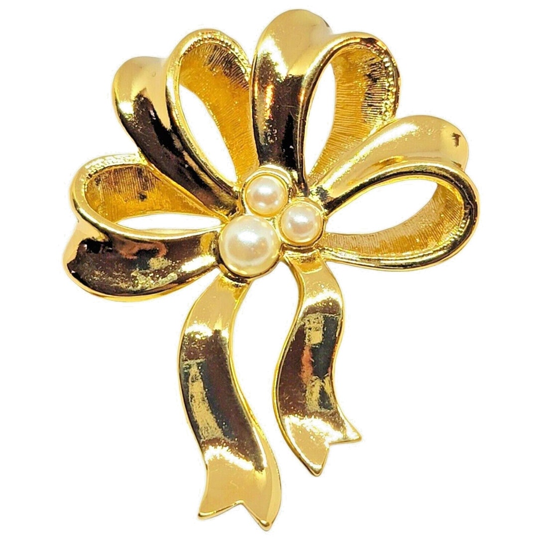Vintage Avon Ribbon Brooch Light Cream Faux Seed Pearls Pin Statement ...