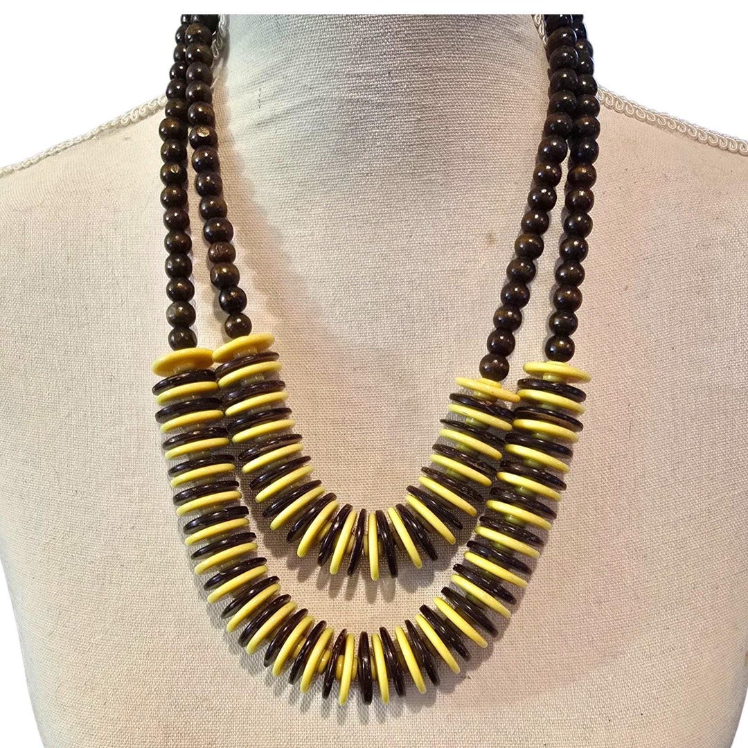 Vintage Yellow Brown Wood Bead Disc Necklace Chunky Layered Boho ...