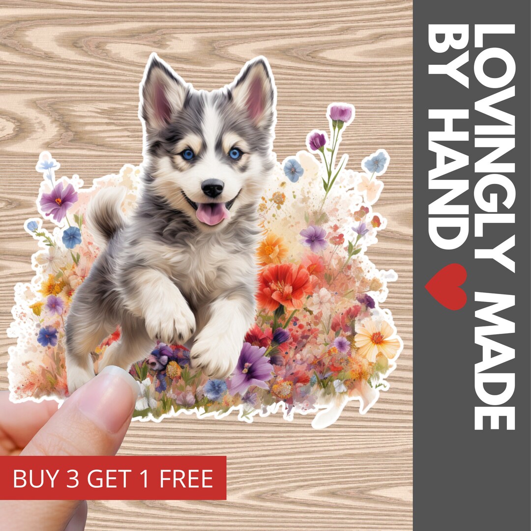 Cute Sticker Featuring a Husky Puppy With Flowers Made With Water ...