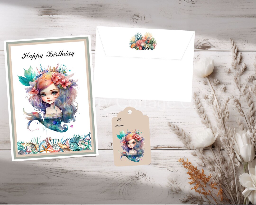 Mermaid Birthday Card, Envelope and Gift Tags Featuring Delightful ...