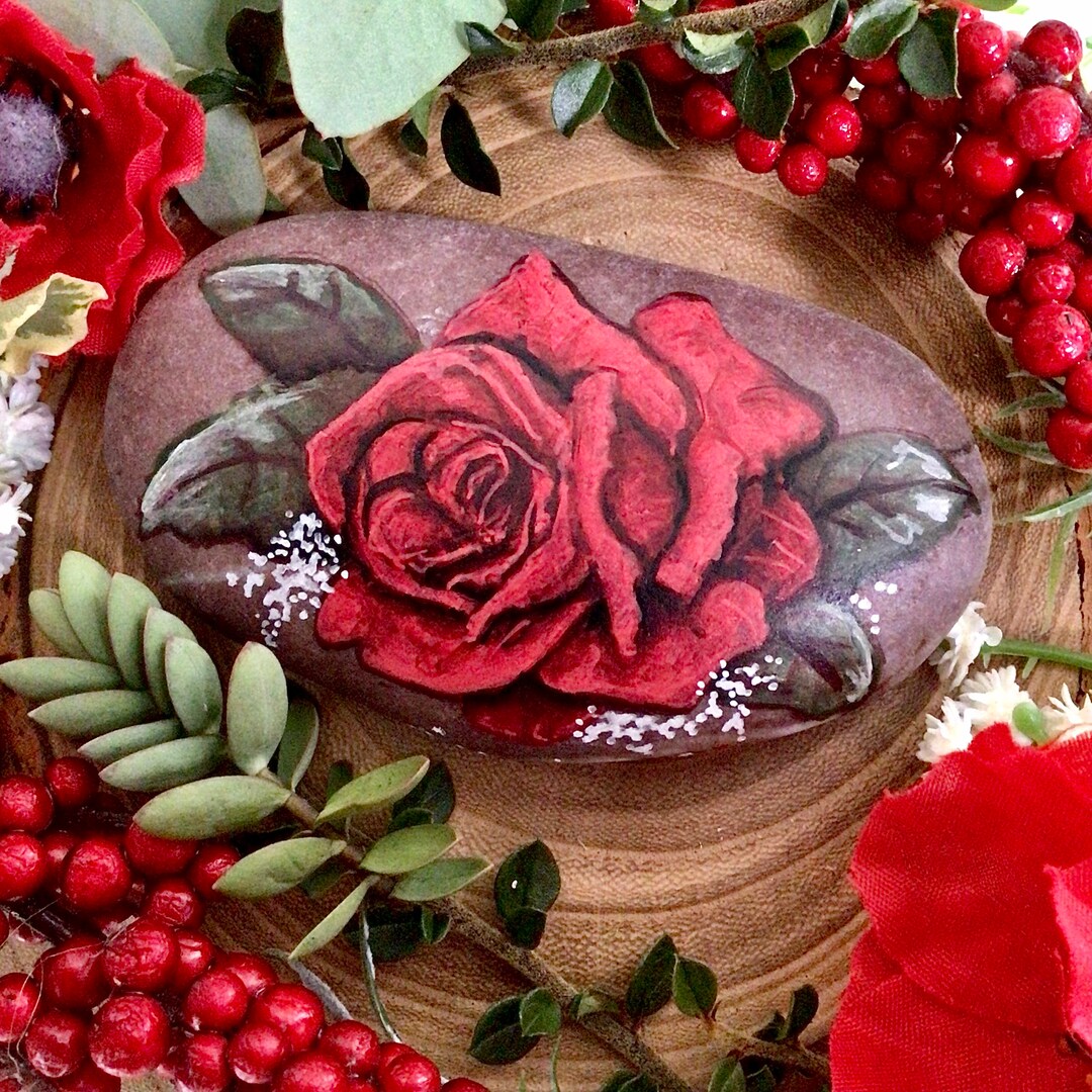 Realistic Hand Painted Red Rose Stone: Scottish Oathing Stone ...