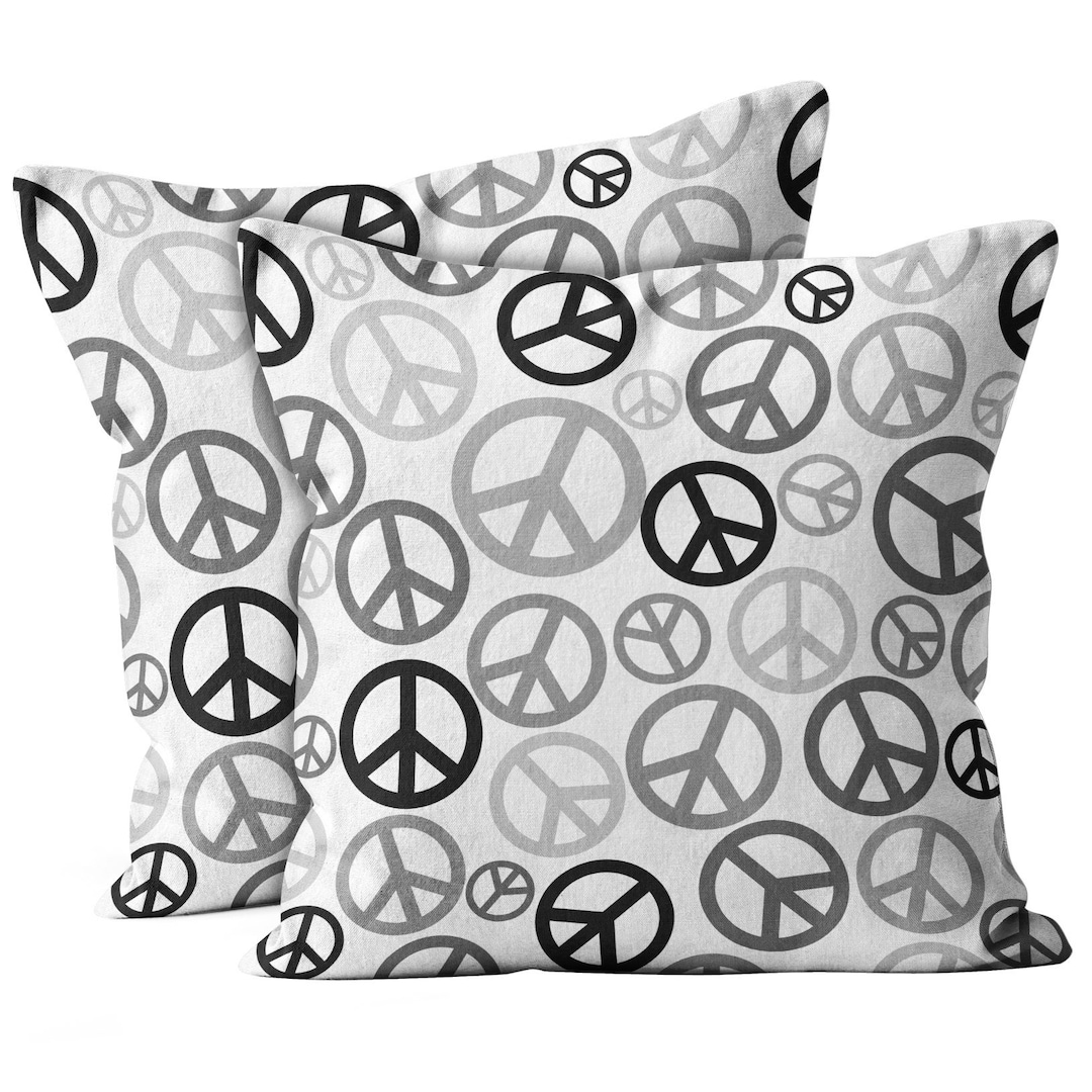 Set of 2, Black White Peace Sign Pattern Print, Throw Pillow Cover ...