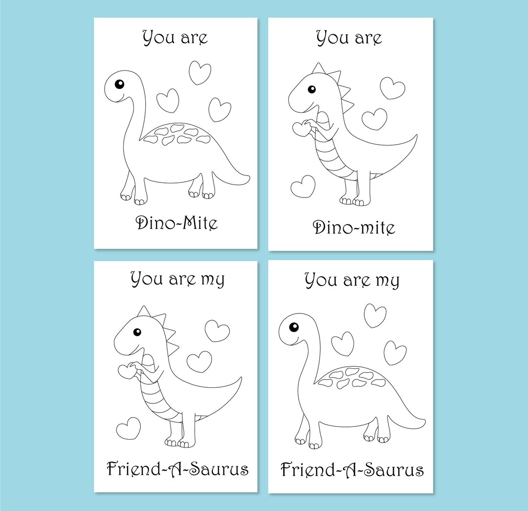 Valentine's Day Dinosaur Printable Coloring Cards, Dinosaur Party ...