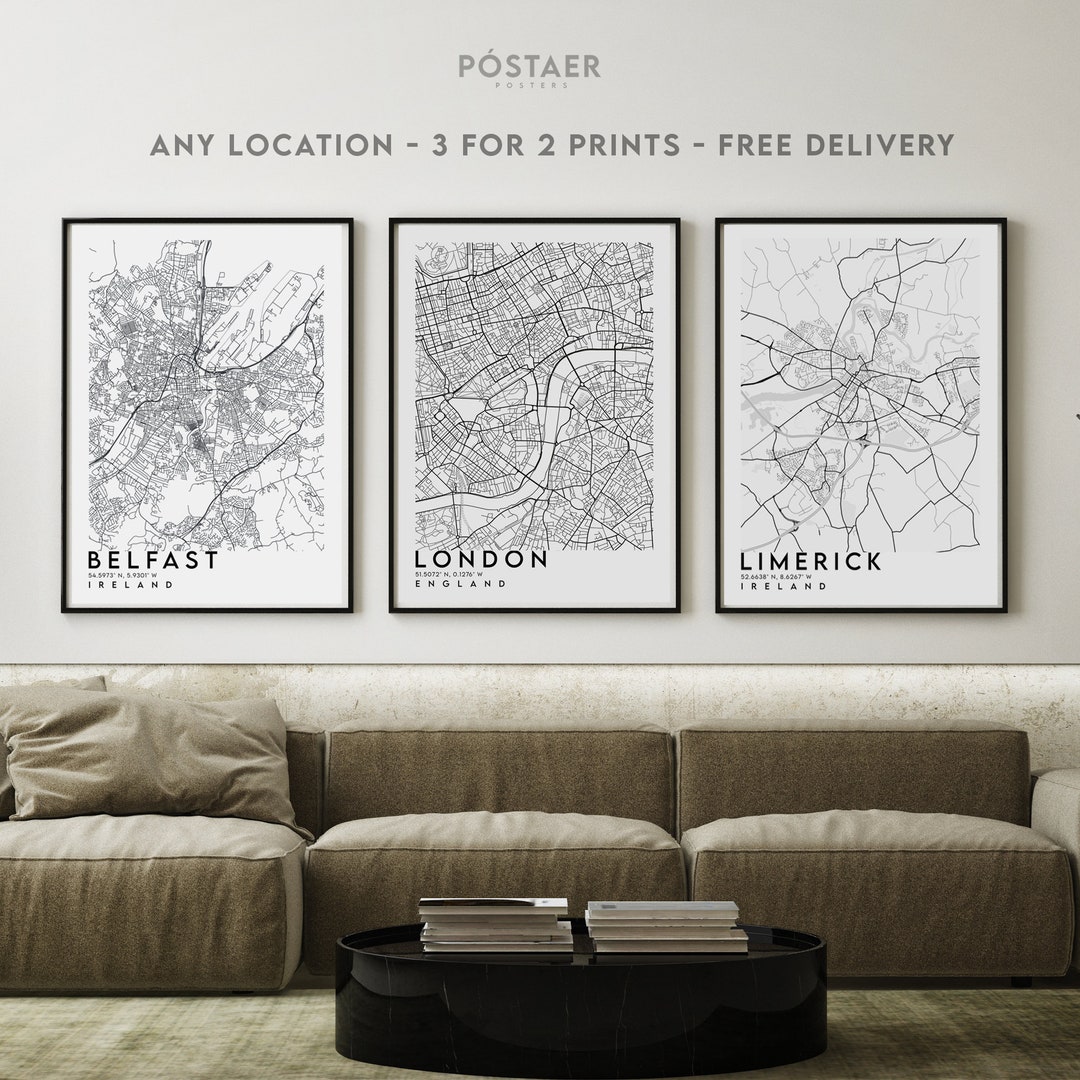 Custom Map Prints, Any Location, 3 for 2 Offer, City Print, City Map ...