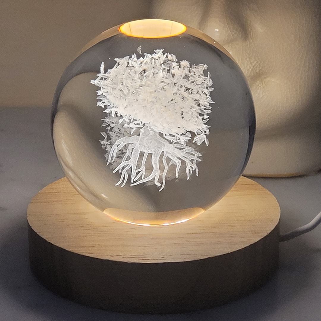 Tree of Life Engraved Glass Crystal Ball With Wooden Light Base - Etsy