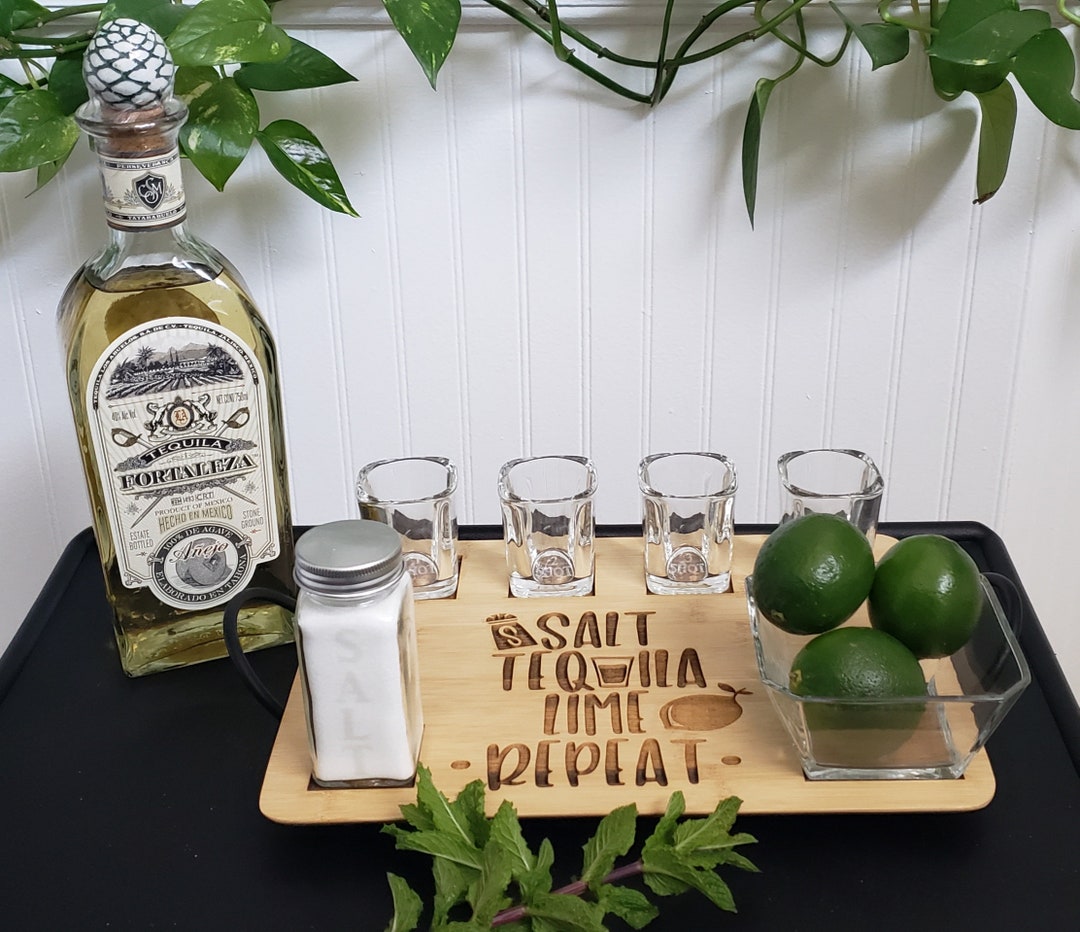 Tequila Serving Tray. With Engraved Shot Glasses and Salt Shaker - Etsy