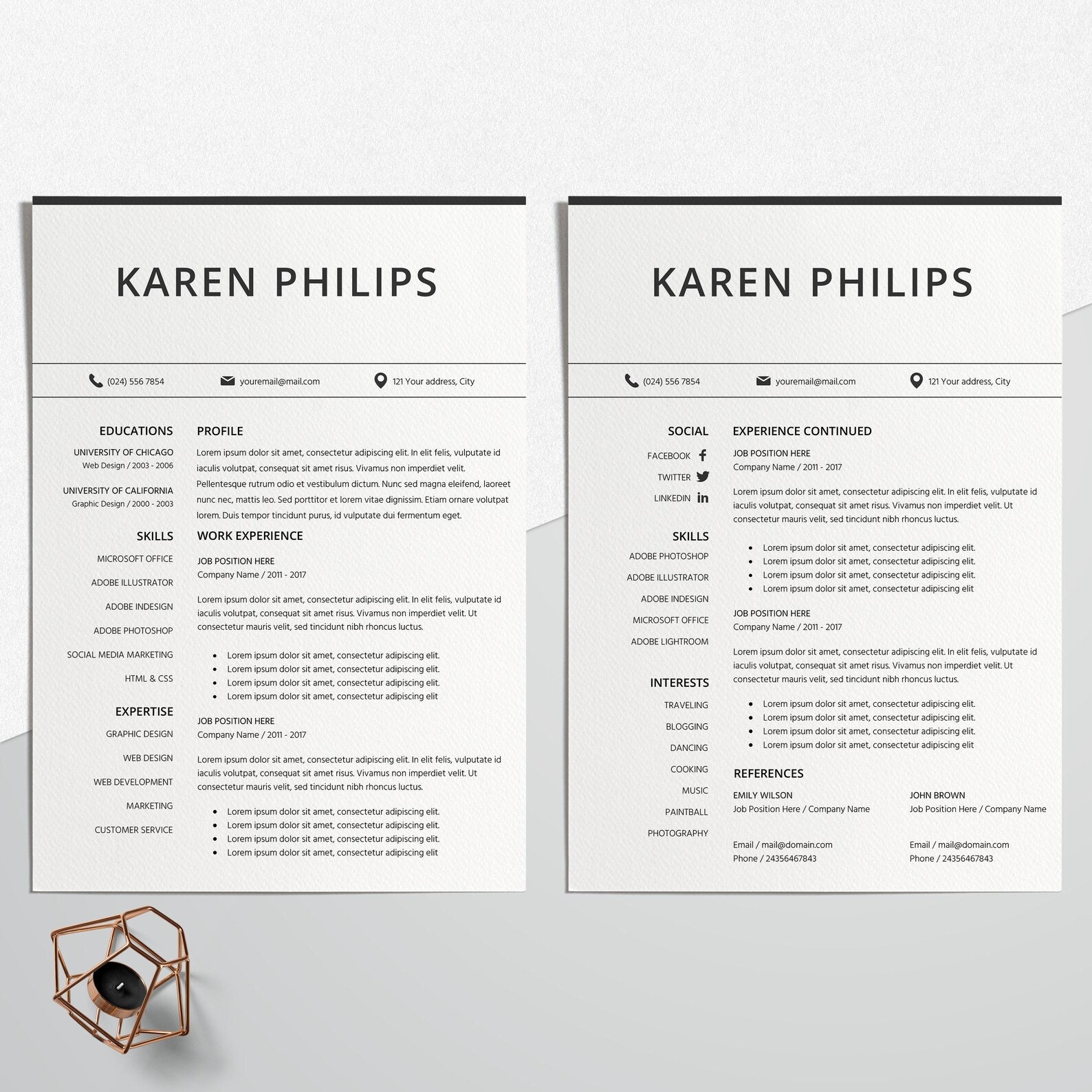 2 Page Resume Template, Standard CV Format ( US Letter and A4 ), CV ...