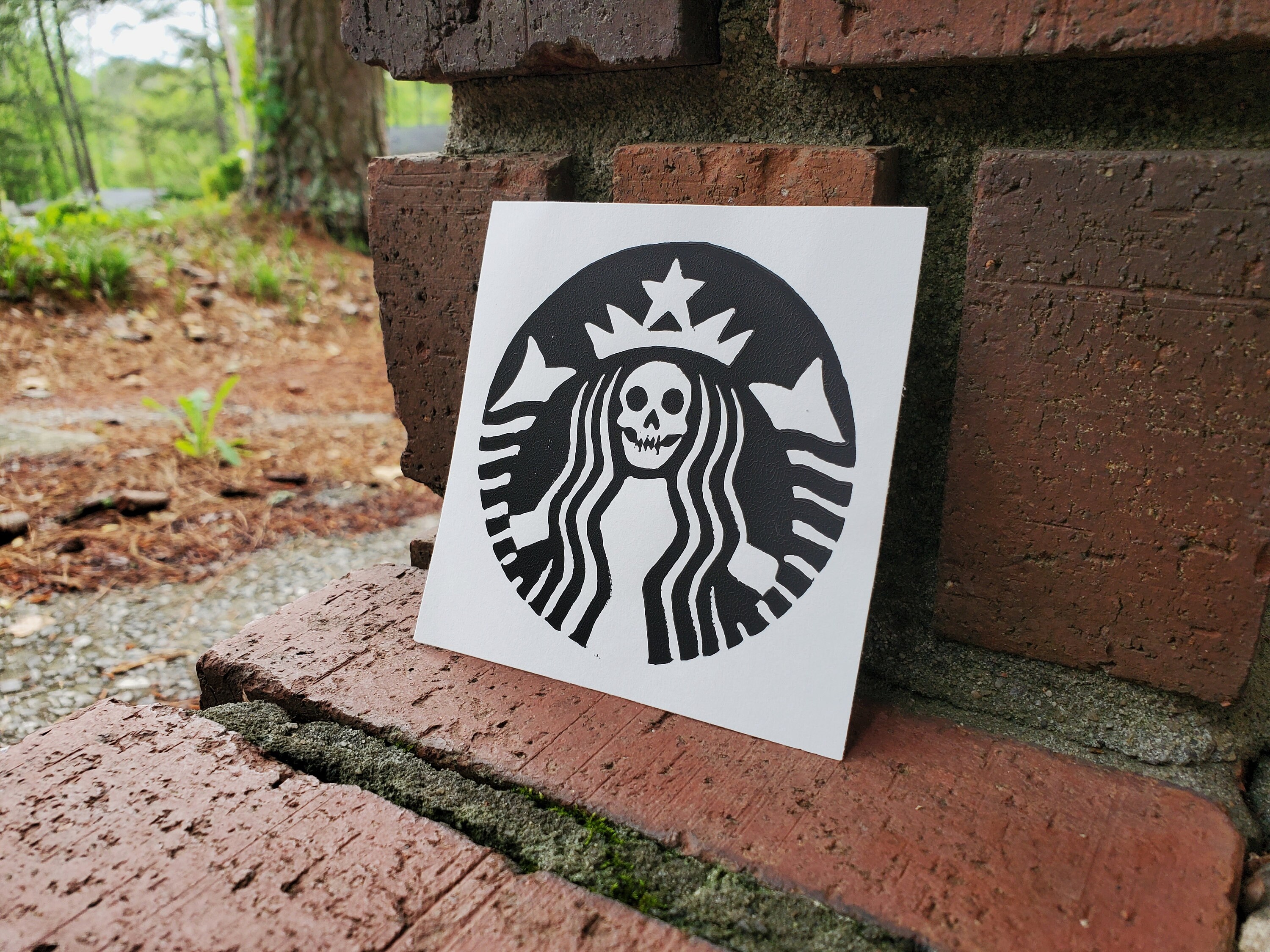Siren Skeleton// Starbucks Skull Linocut Print 4"× 4" - Etsy