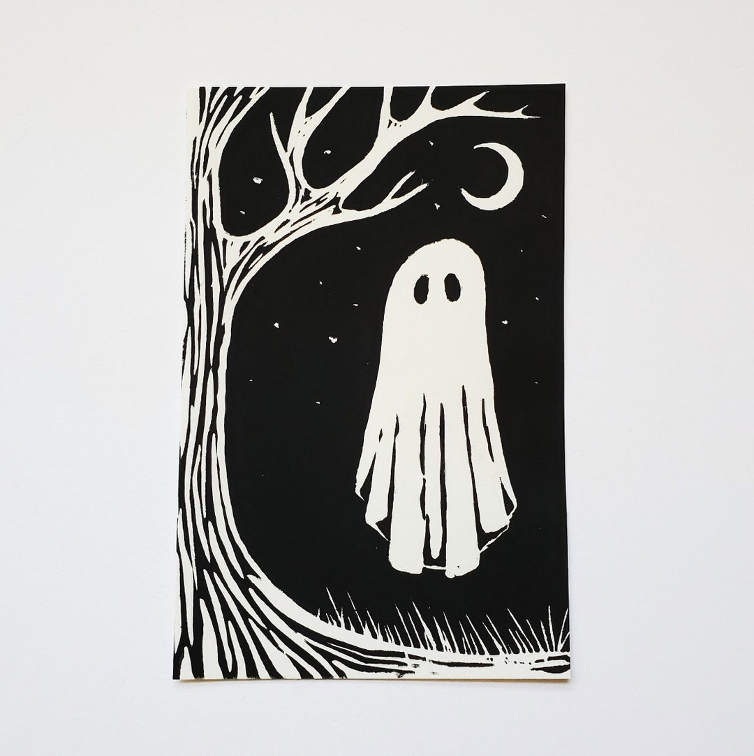 Spooky Boy // Cute Ghost Linocut Print 4"× 6" - Etsy