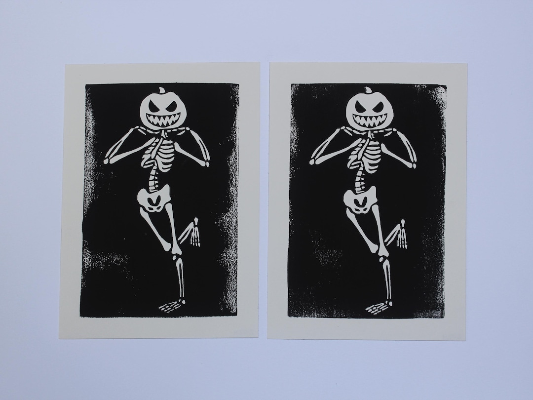 Spooky Scary Skeleton // Jack-o-lantern Linocut Print 5"×7" - Etsy