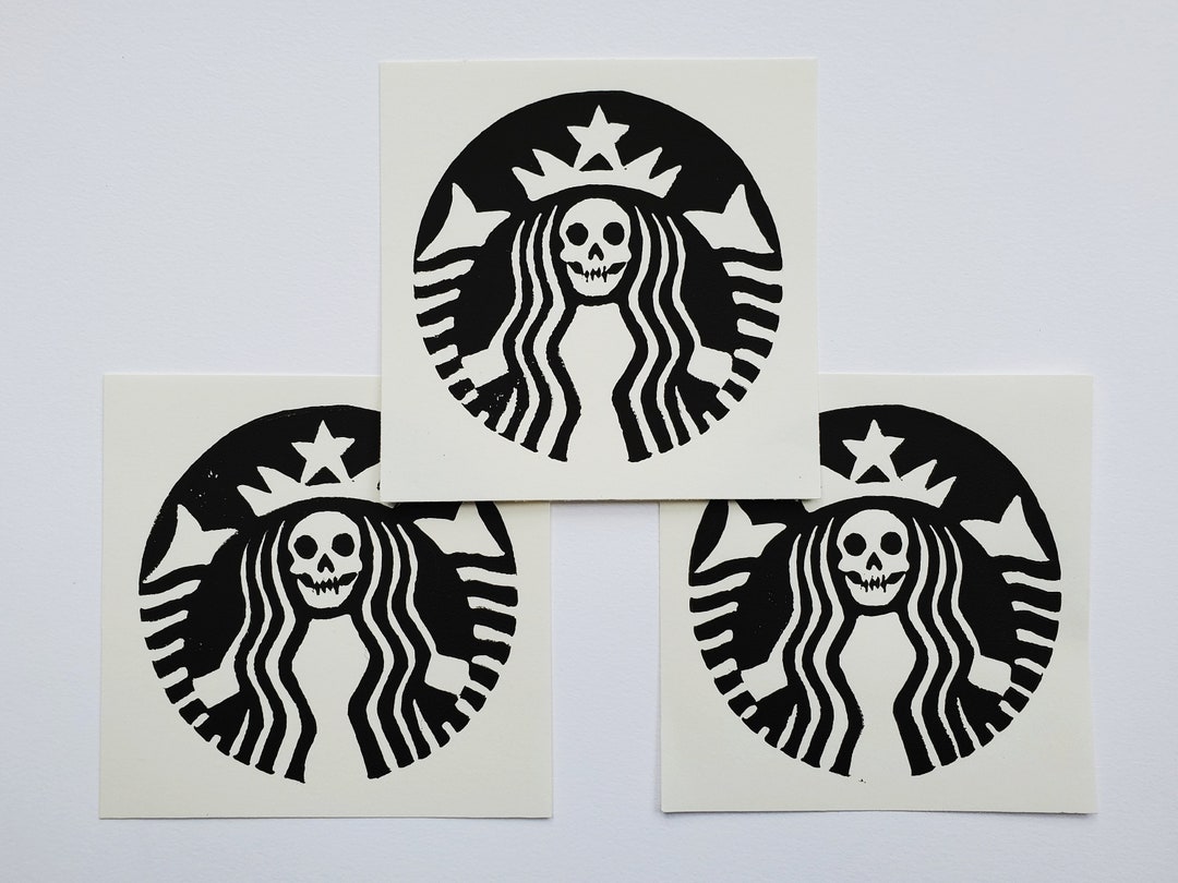 Siren Skeleton// Starbucks Skull Linocut Print 4"× 4" - Etsy