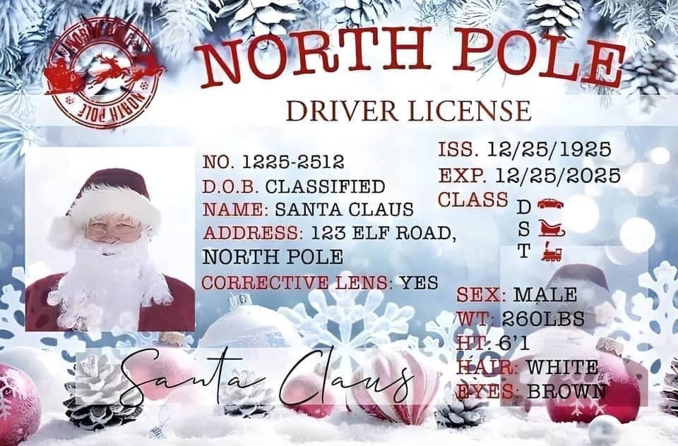 Santa License. North Pole Drivers License. 3.4x2.1 Inches. Silver Metal ...